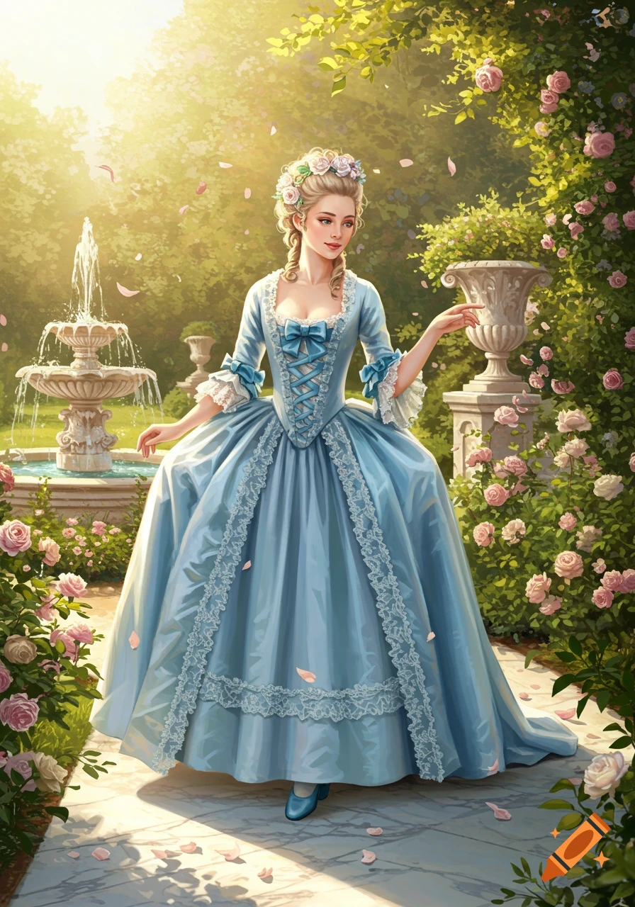 A woman in a blue Rococo gown and floral headpiece stands in a sunny ...