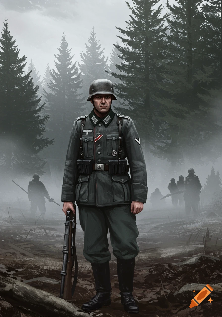 A cartoon of a stern military officer with a mustache marching past a ...