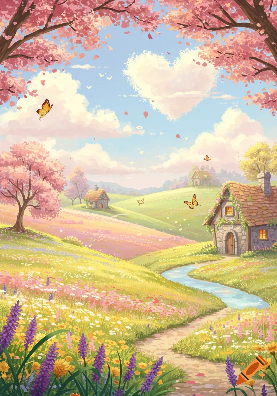 A vibrant cartoon house on a rainbow hill, surrounded by colorful ...