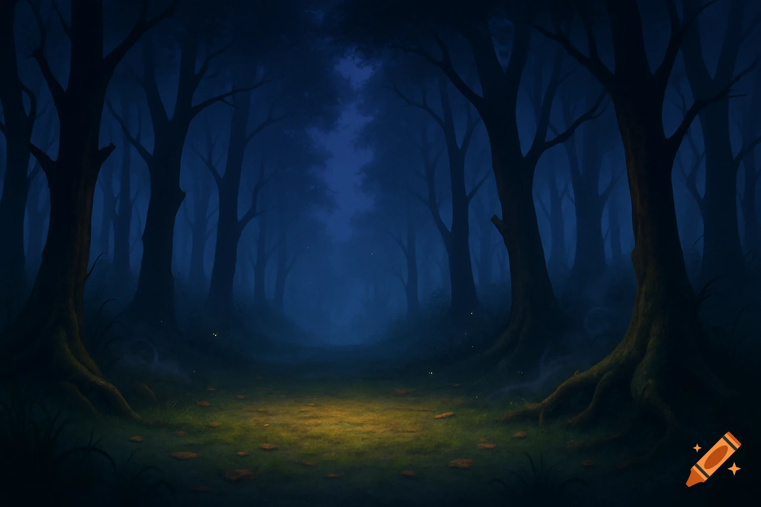 A dark, dense forest at night, with trees and foliage in deep blue and ...