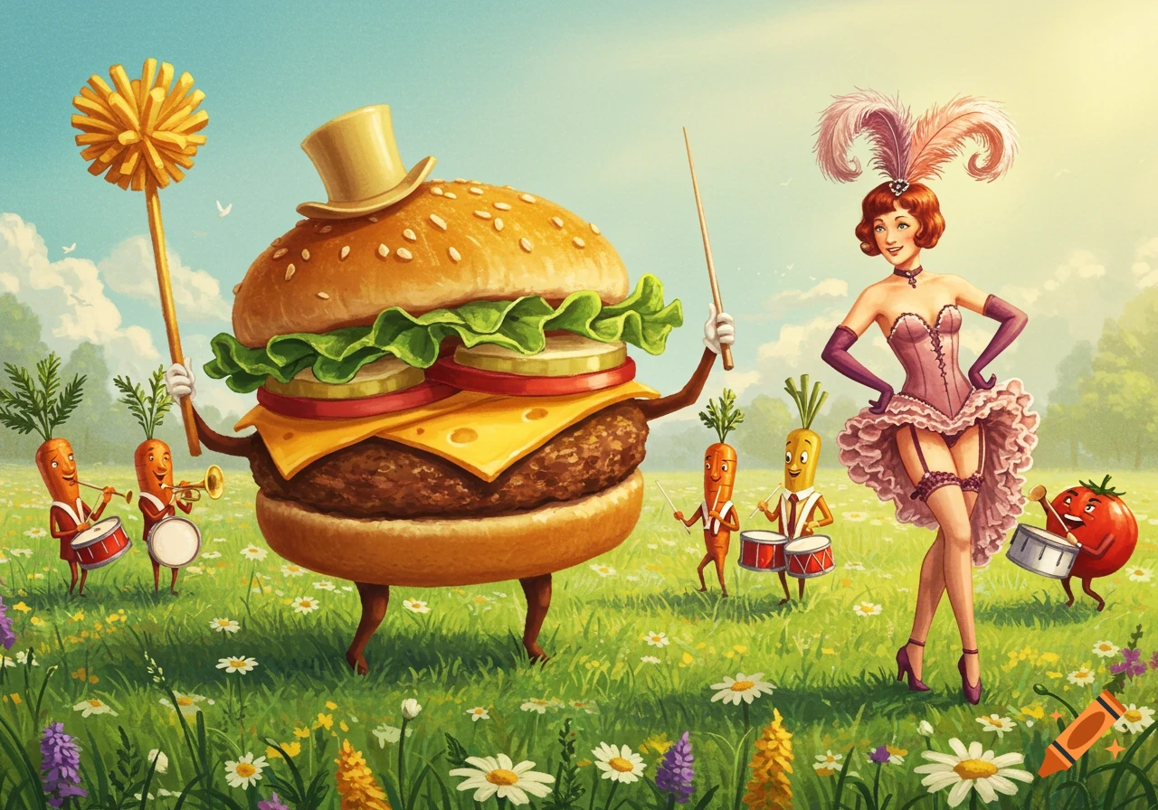 A surreal, whimsical illustration of a sentient cheeseburger leading a ...
