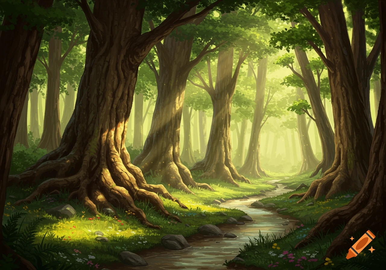 A sunlit path winding through a dense forest with tall trees and ...