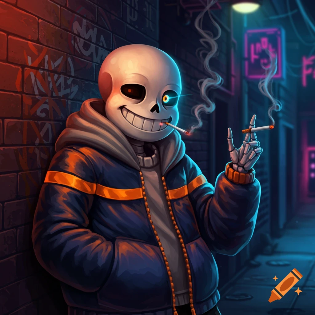 Cartoon illustration of Sans, the skeleton, in a mint shirt, gold cross ...