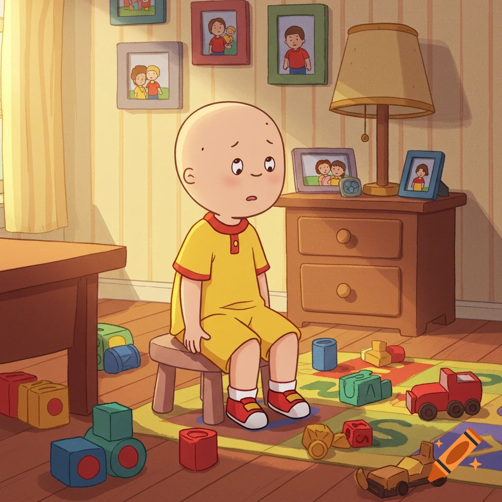 Cartoon character Caillou in a room with toys says 'Rosie is a Toe!' on ...