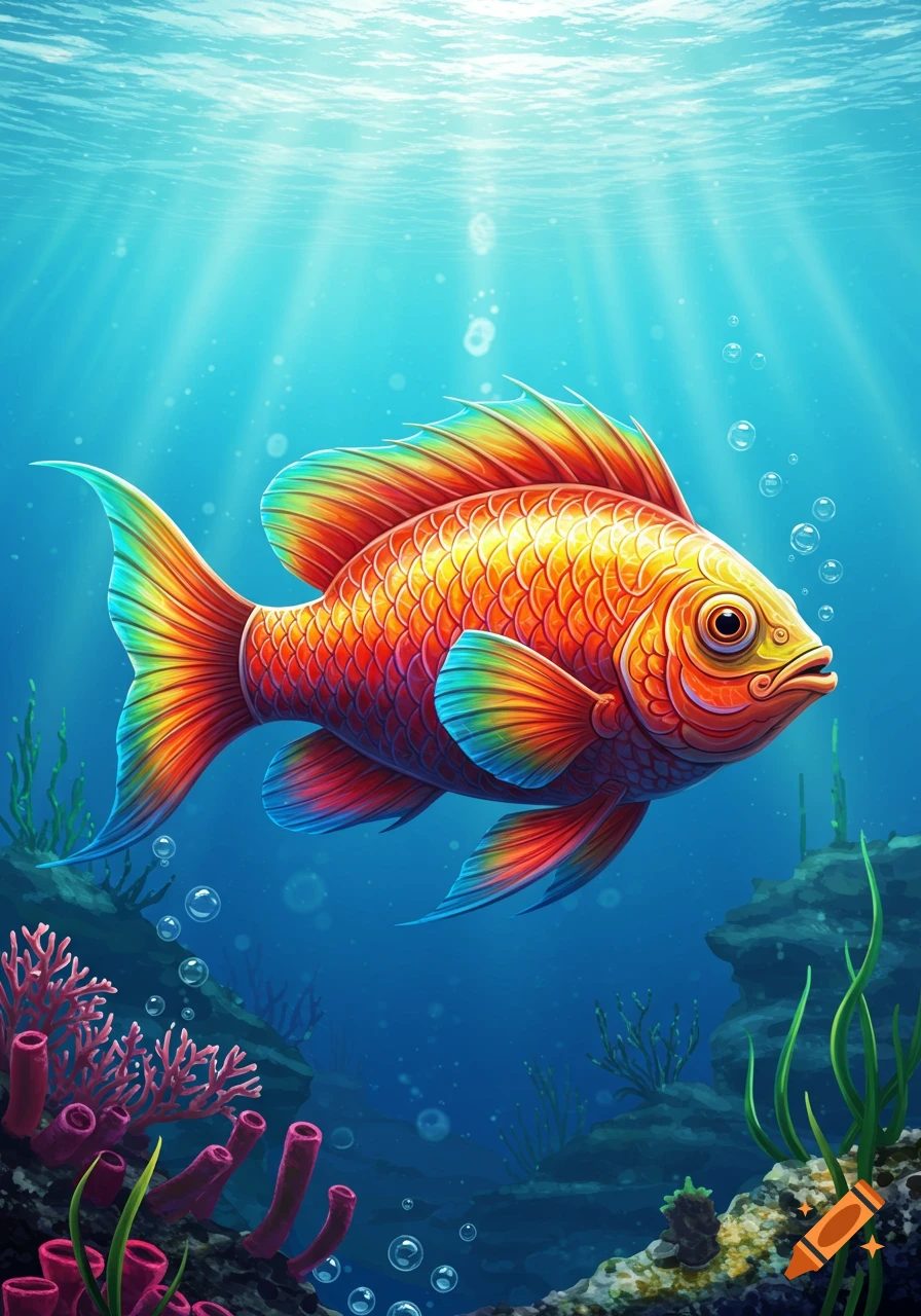 Stylized illustration of a dolphin, turtle, orca, and two fish swimming ...