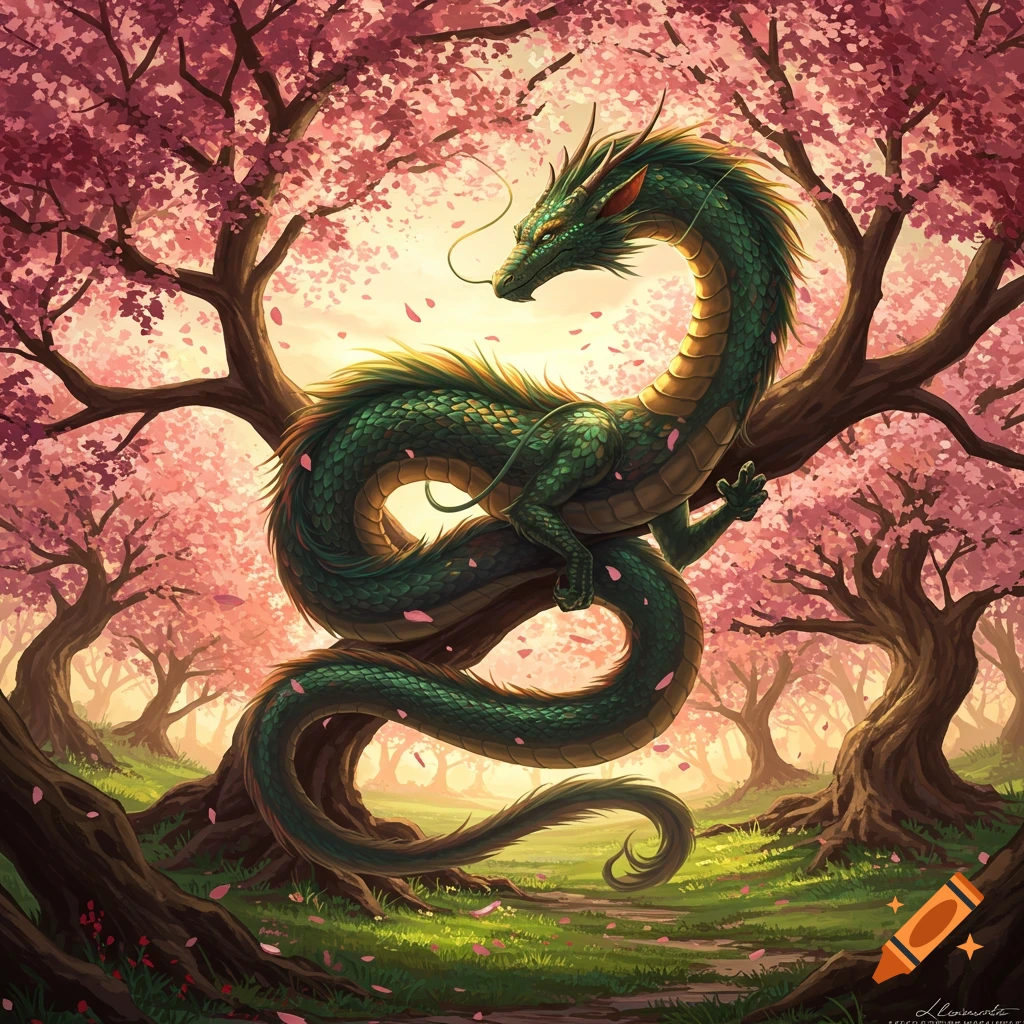 A majestic green dragon coiled around a tree trunk in a vibrant cherry ...