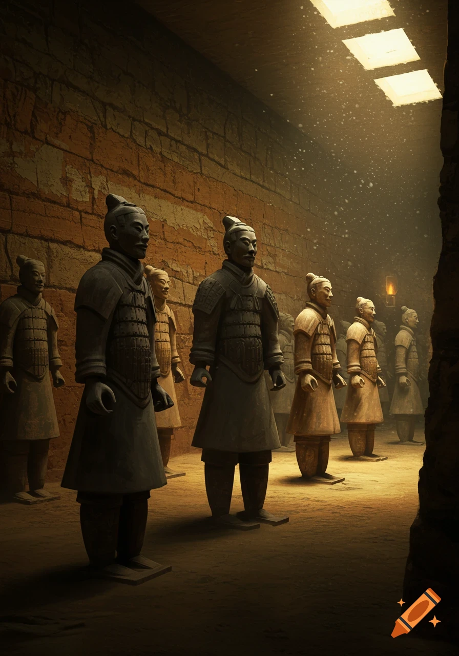 Rainbow-colored terracotta warriors stand in a dark, misty underground ...