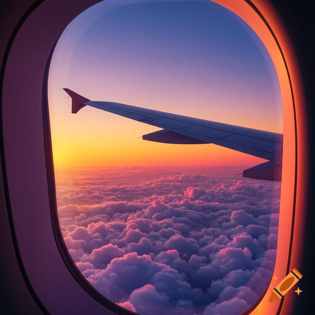 Aerial view of a blue ocean from an airplane window, with a wing and ...