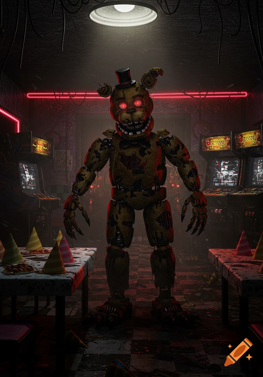 A rusty Freddy Fazbear animatronic with glowing red eyes stands in a ...