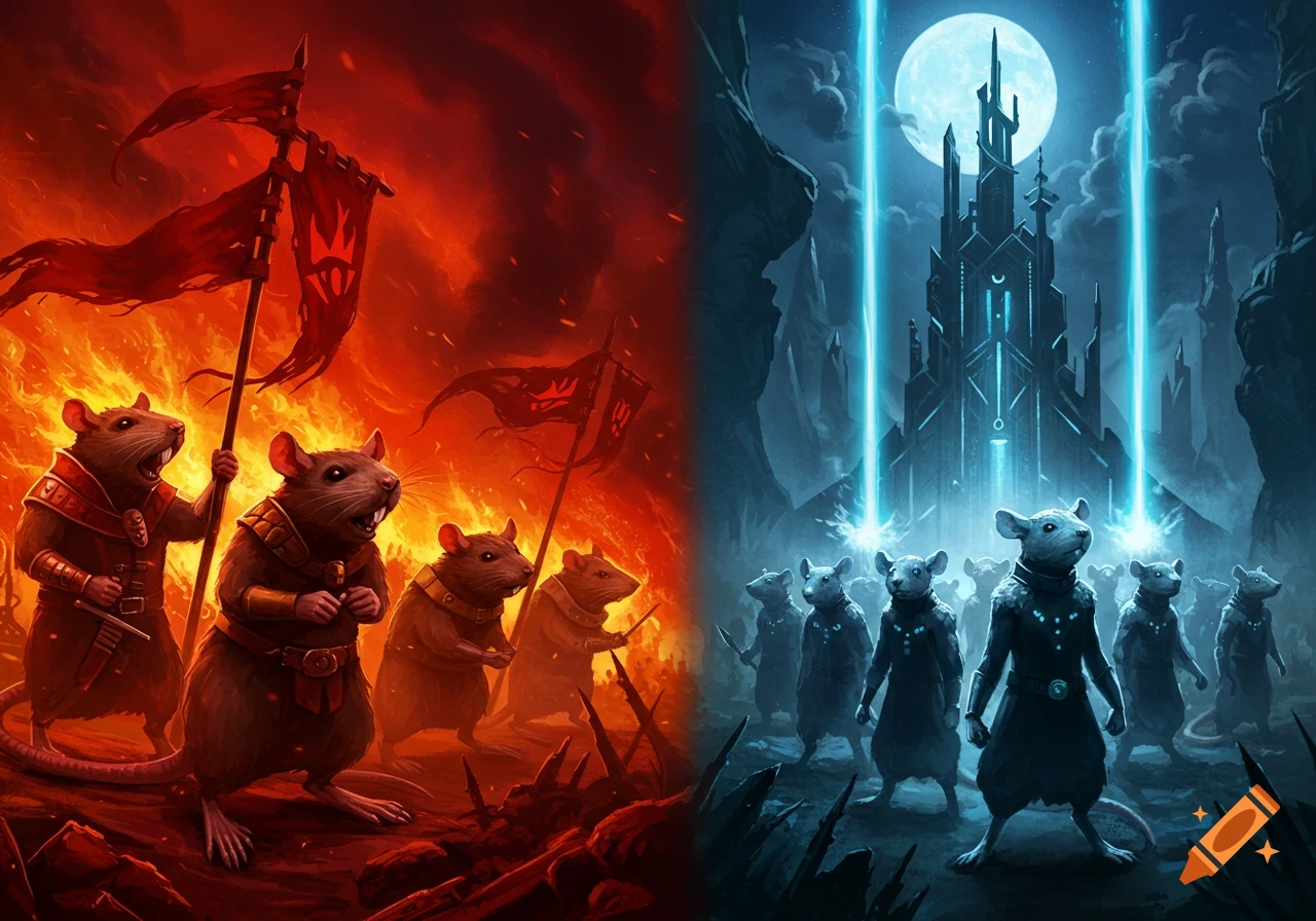 Split fantasy scene: red warrior rats in a fiery realm with flags; blue armored rats in a cold ...