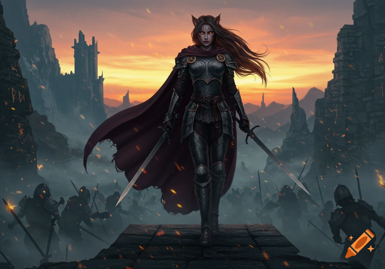 A fierce cat-eared female warrior in dark armor stands on a stone ...