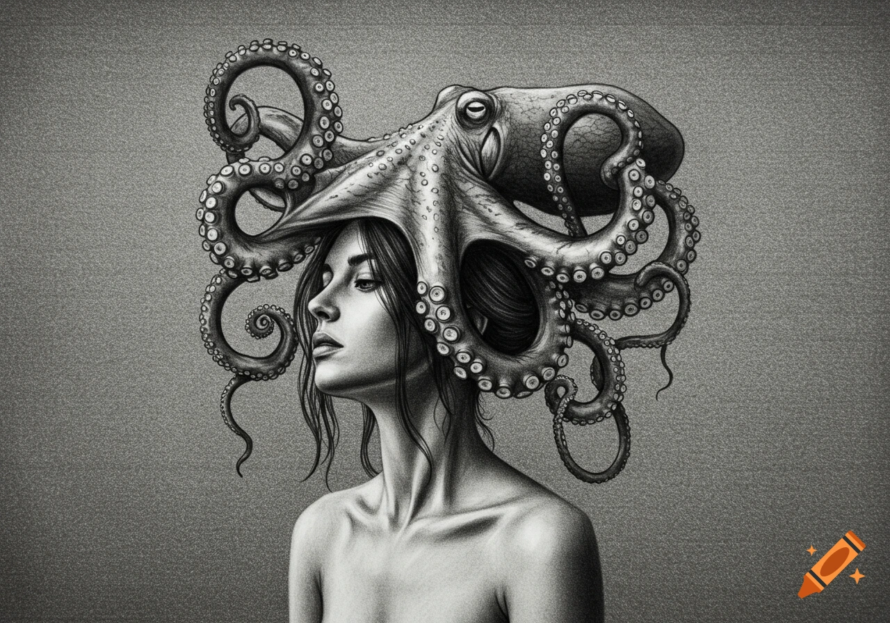 A detailed charcoal drawing of a woman in profile with an octopus ...