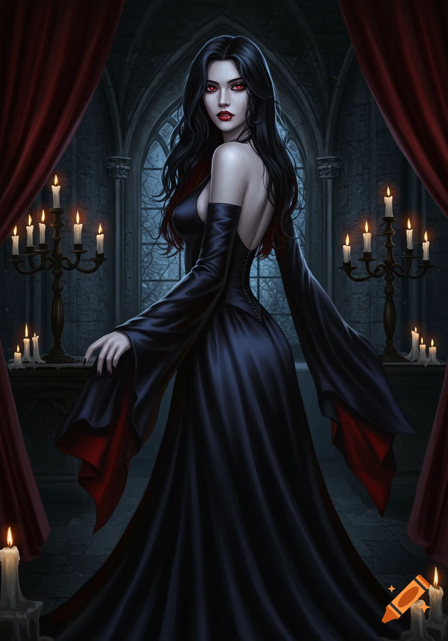 A gothic female vampire with pale skin, black hair, and red eyes ...