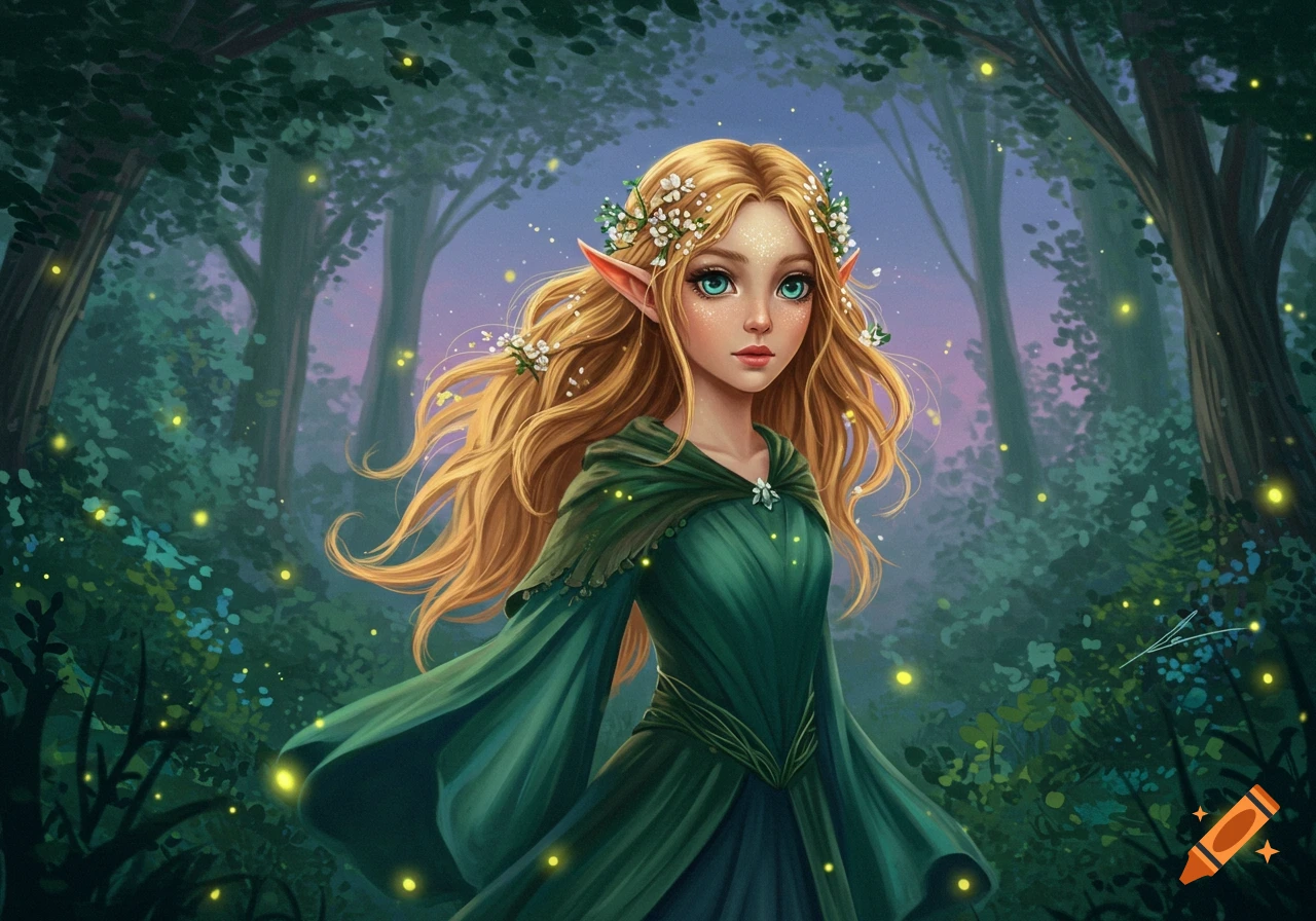 An elf girl with long lavender hair and blue eyes stands in a magical ...