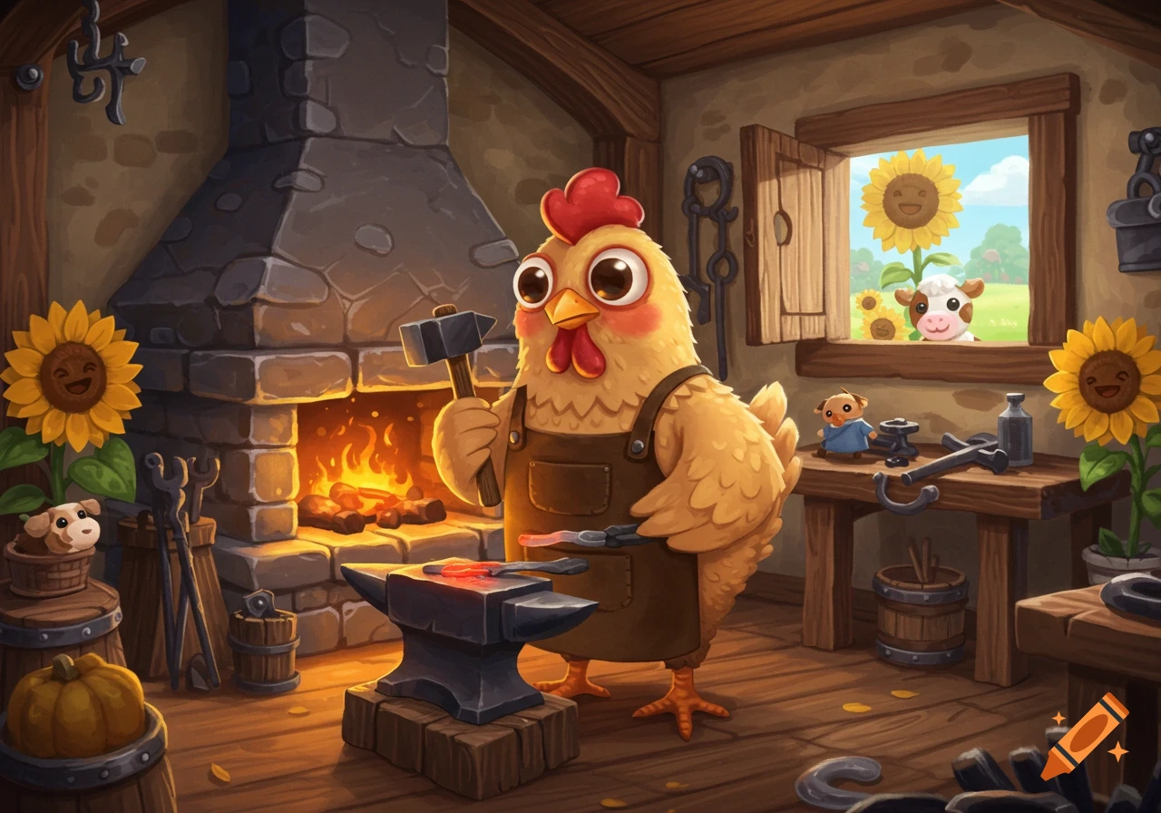 A colorful rooster stands on a hay bale, watching hens in nests with ...