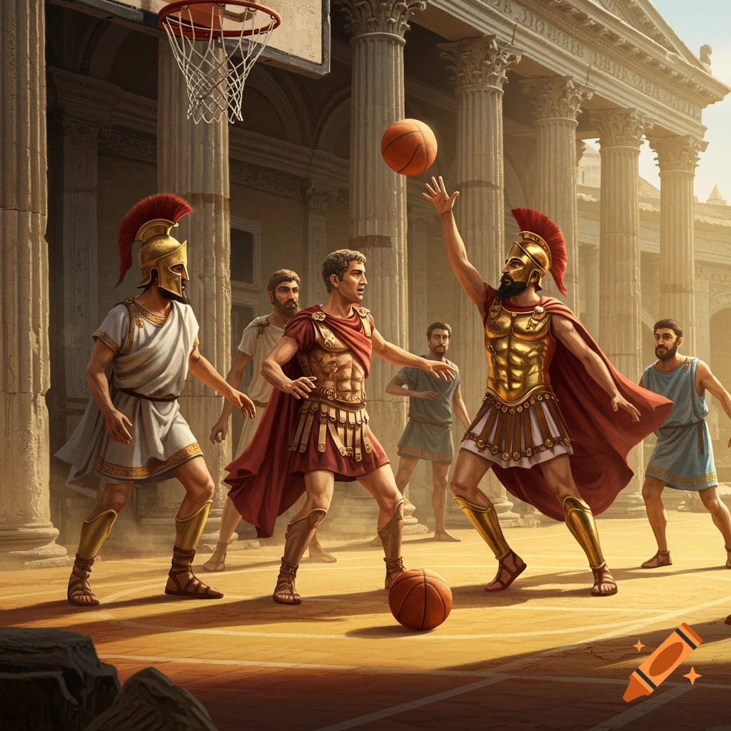 Muscular ancient Greek athletes in white tunics in a sunlit stadium ...