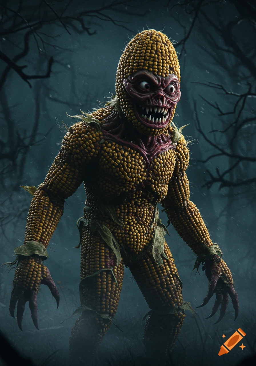 A hyper-realistic, scary corn monster with jagged teeth stands in a ...