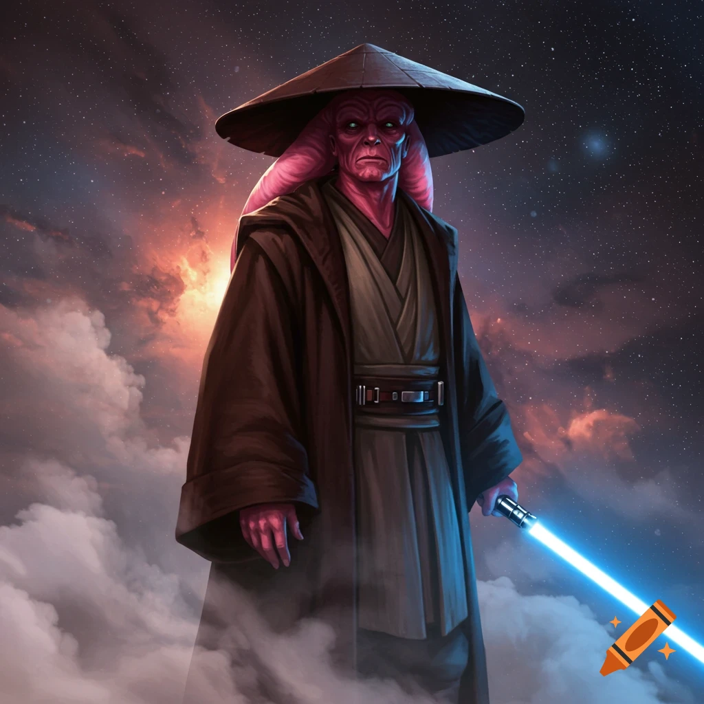 Anakin Skywalker laughs amidst neon lights, holographic screens ...