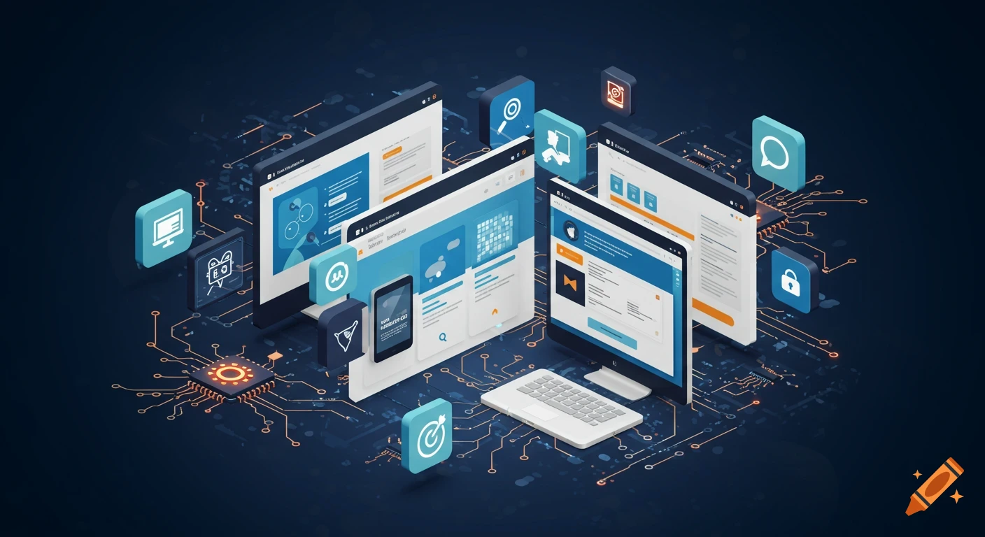 A laptop screen displays 'INTELLIGENCE' with binary code flowing, next ...