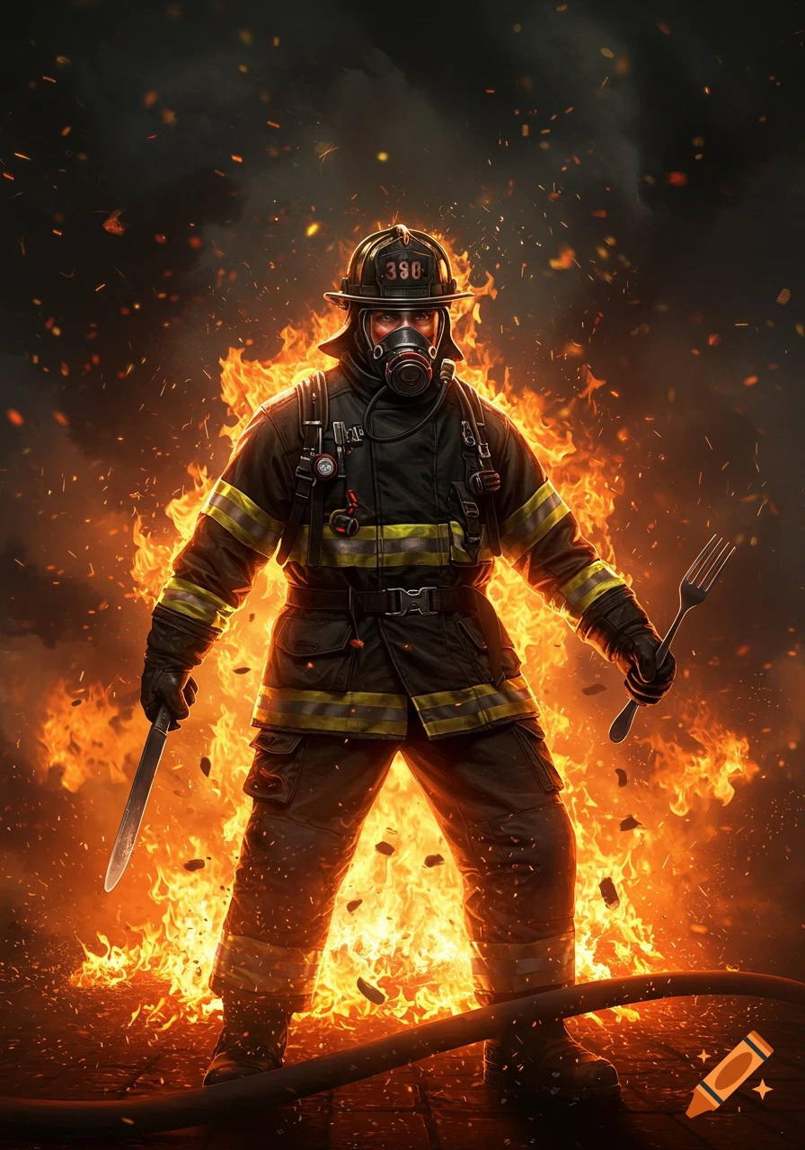 A Rottweiler dog dressed in a fireman's suit and helmet stands in front ...