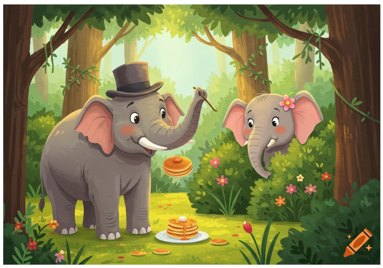 A cartoon rabbit races beside a jovial elephant splashing through a ...