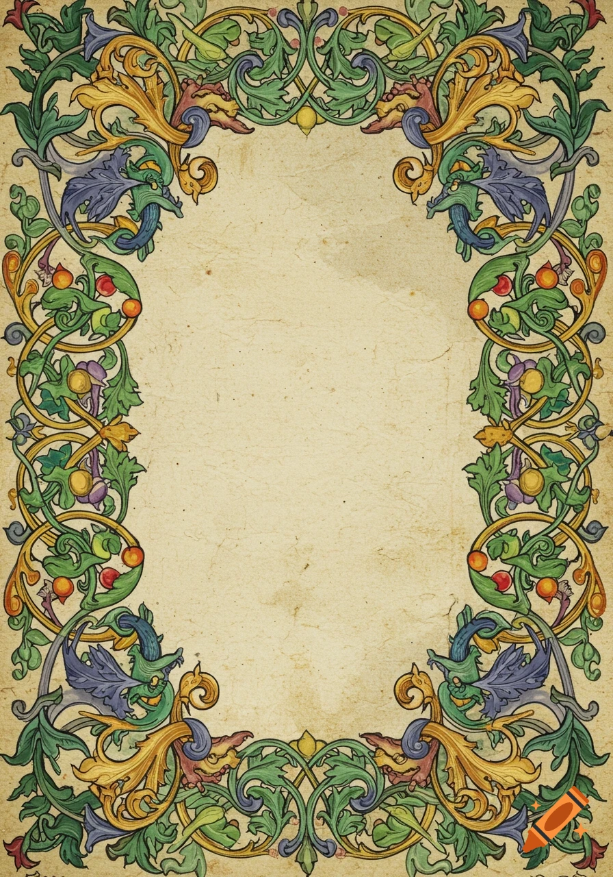 An ornate medieval illuminated manuscript border with colorful swirling ...