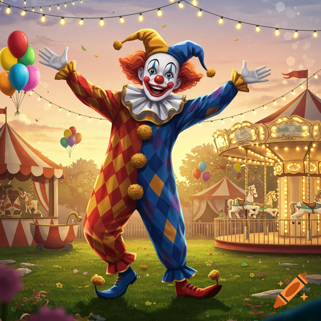 Vibrant image of several clowns in colorful costumes dancing at a ...