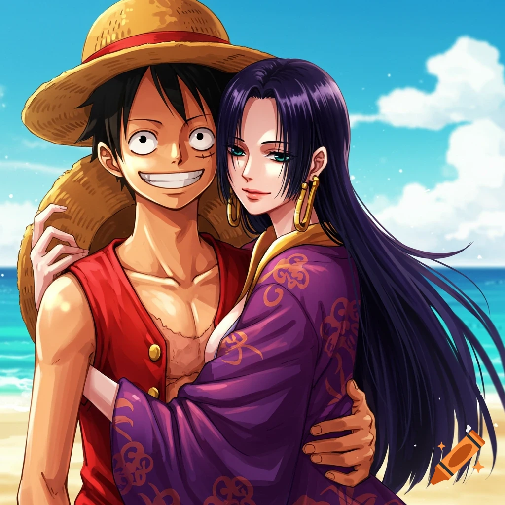 Anime illustration of Luffy smiling as Boa Hancock embraces him on a ...