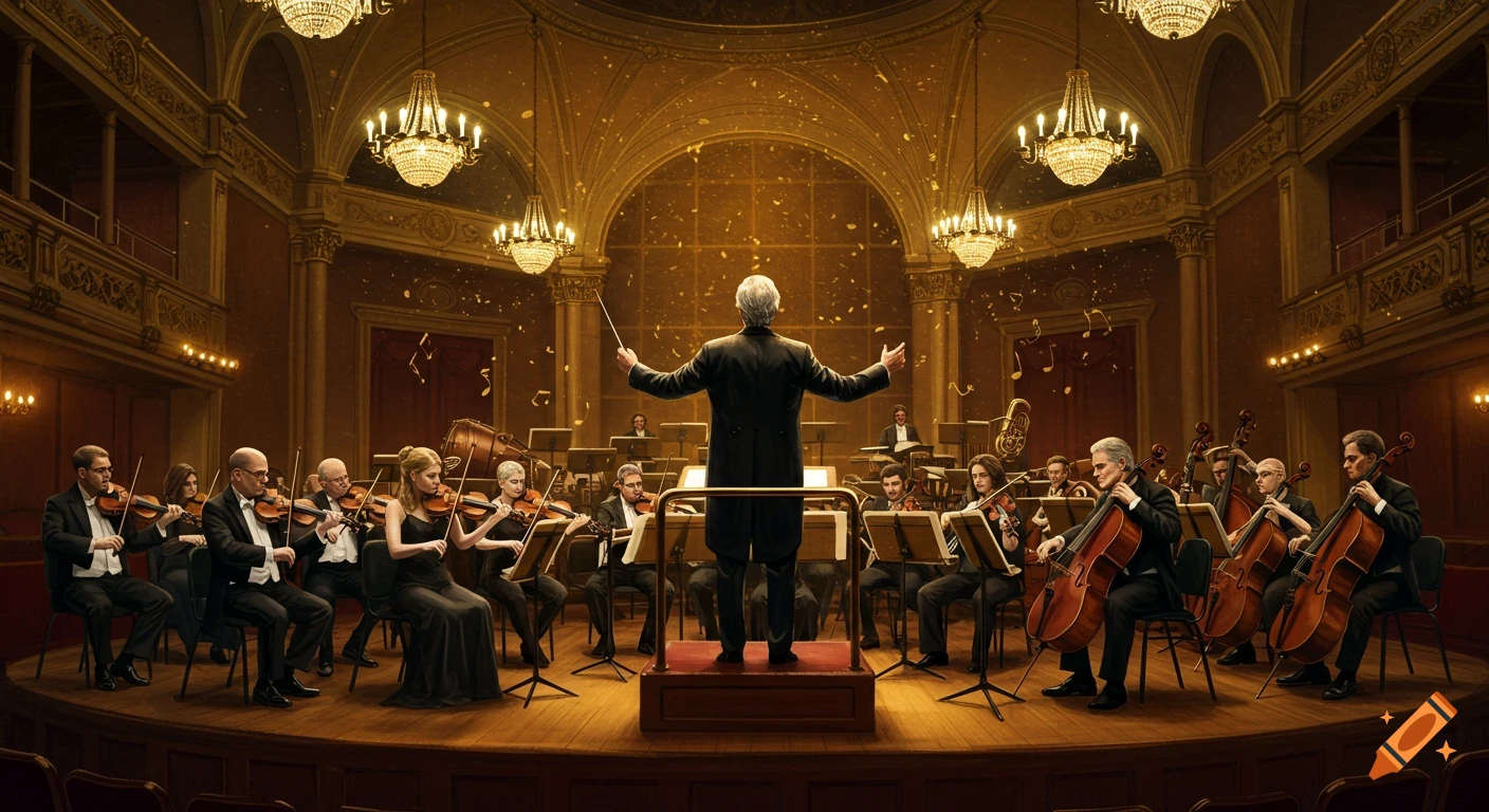An anime-style conductor in a party hat leads a children's orchestra in ...