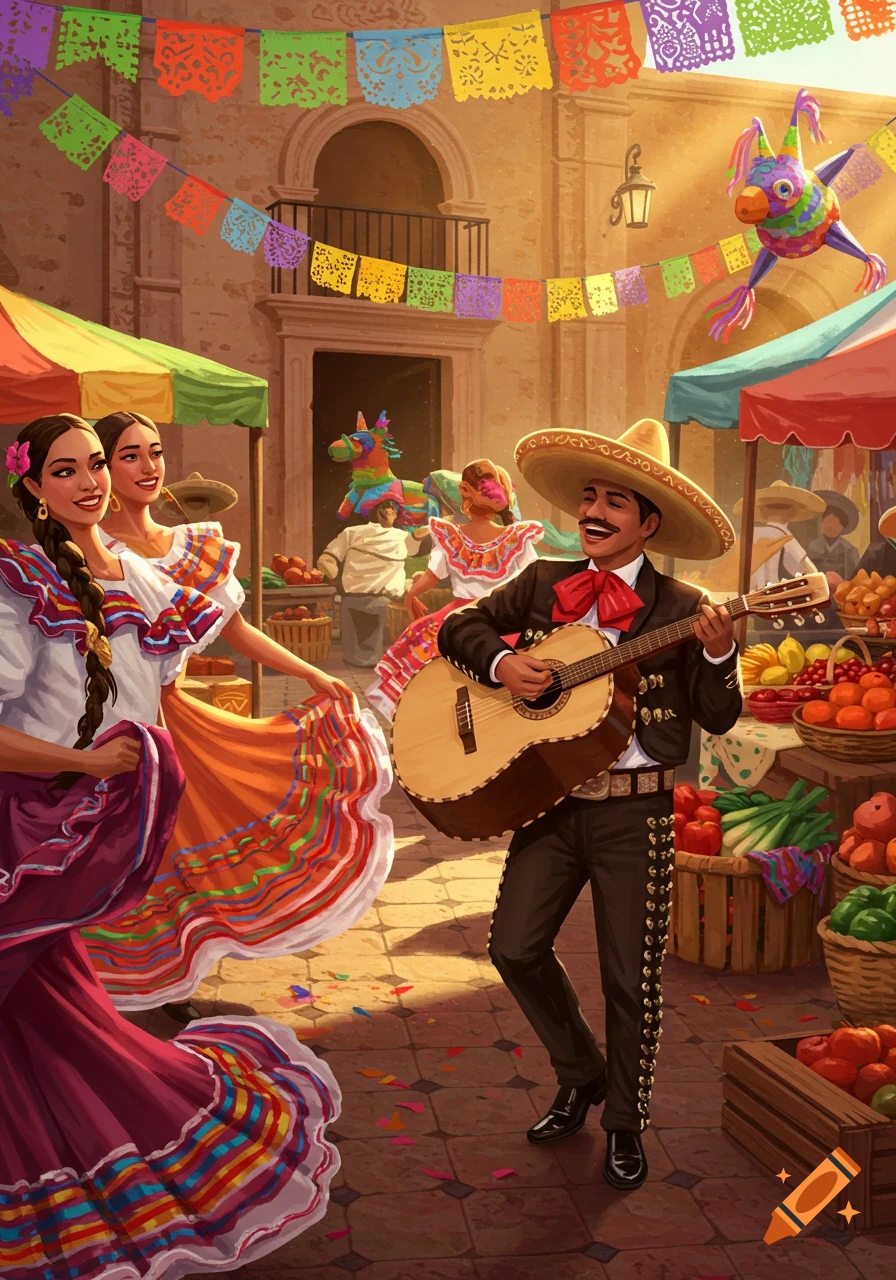 Colorful illustration of a lively outdoor festival market with people ...