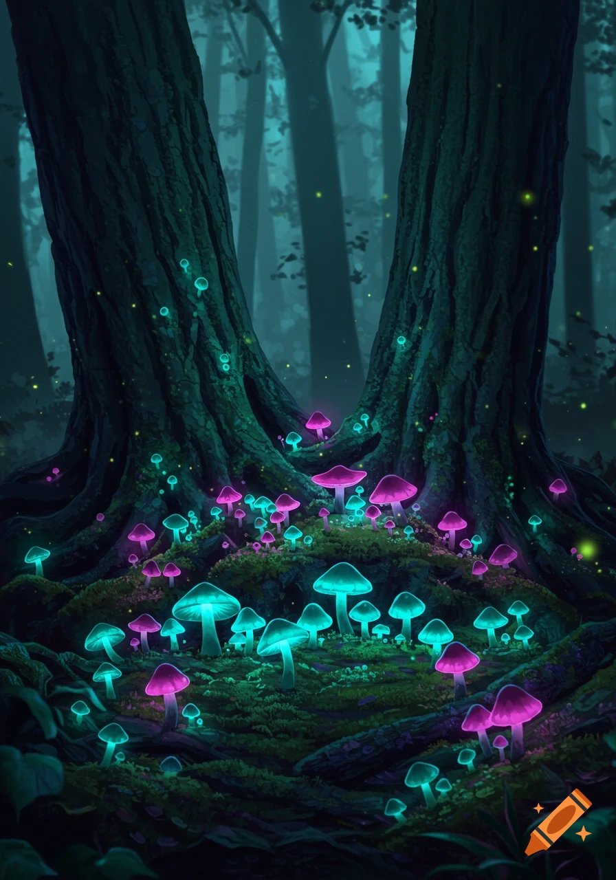 Bioluminescent teal and magenta mushrooms glow at the base of large ...
