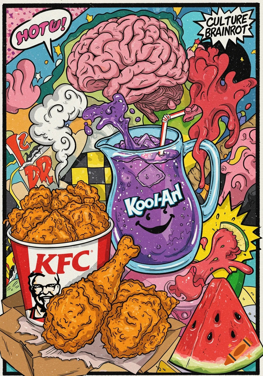 A vibrant pop art illustration featuring a large pink brain, a KFC ...