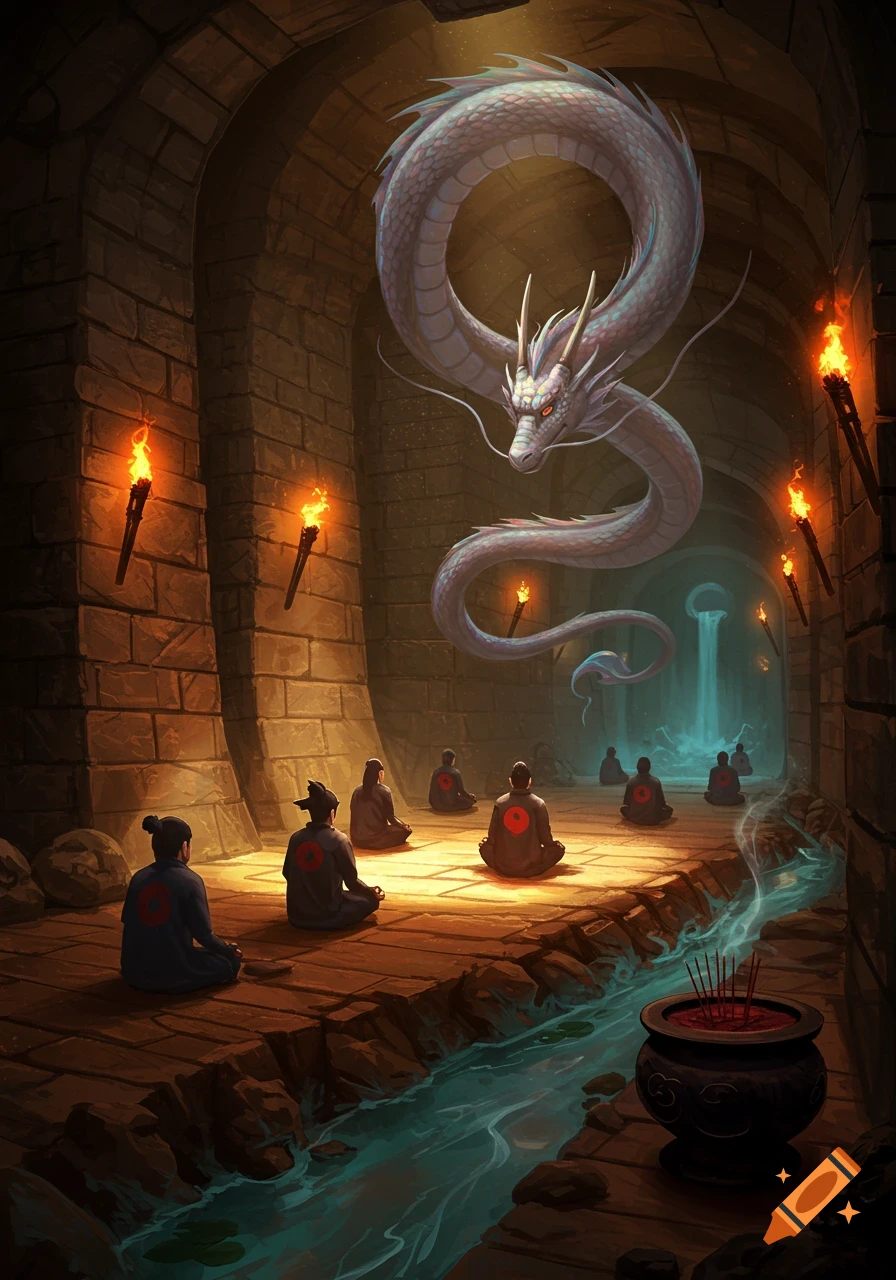 A white Eastern dragon floats above meditating figures in a torch-lit ...