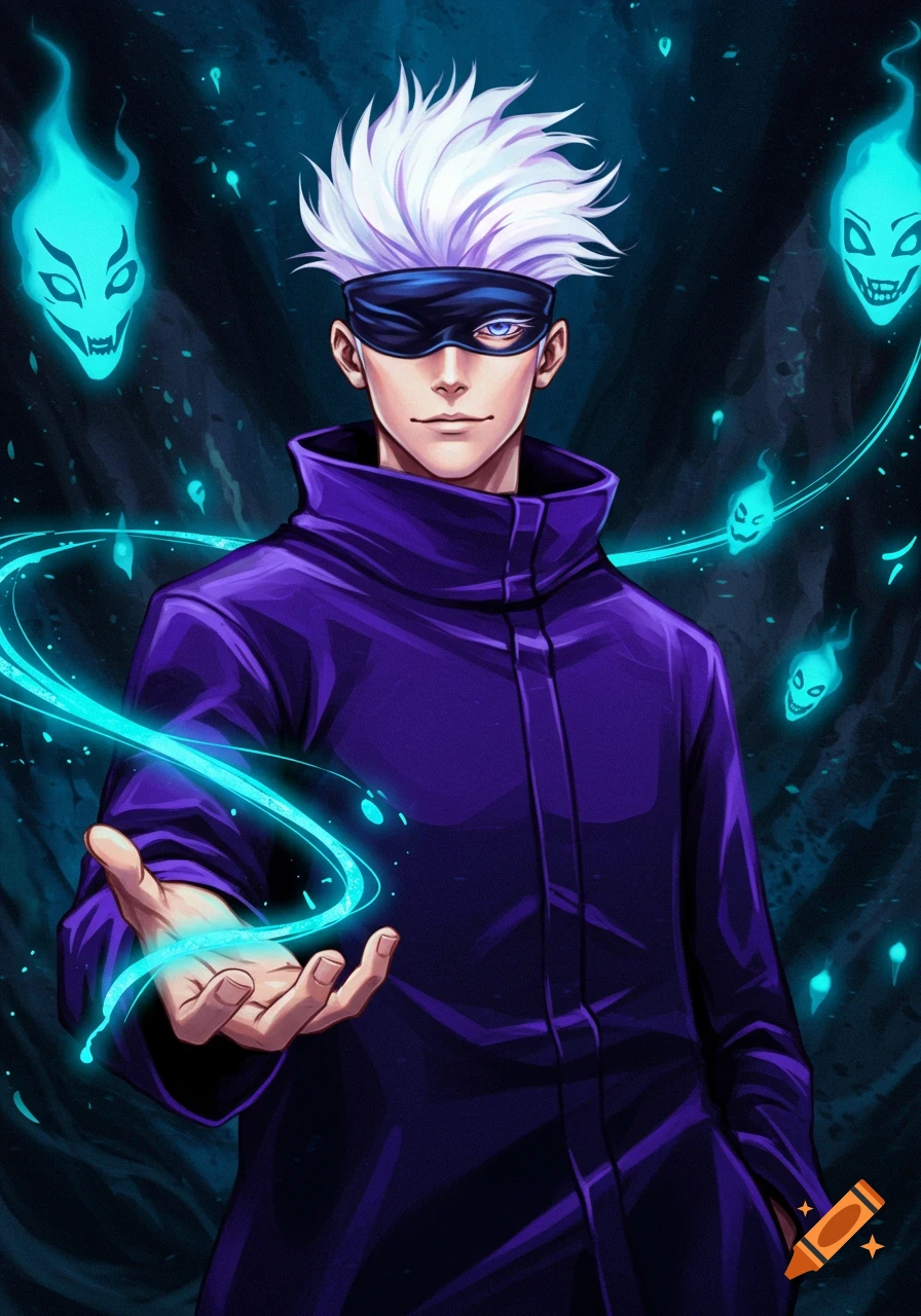 Full body illustration of Satoru Gojo in a dynamic pose on Craiyon