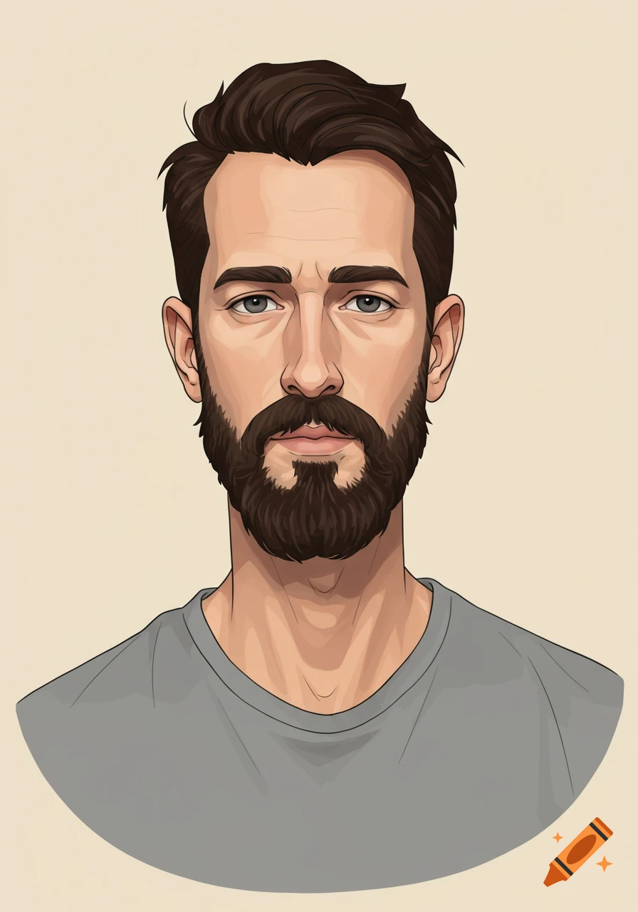 Cartoon portrait of a smiling man with black curly hair and a full ...