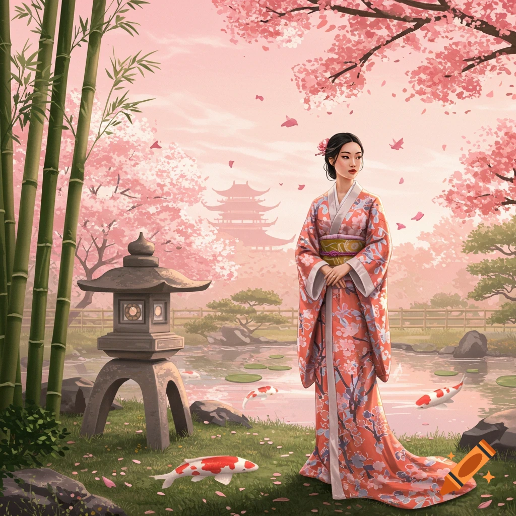 Anime couple in a Japanese garden with a red torii gate, koi pond, and ...