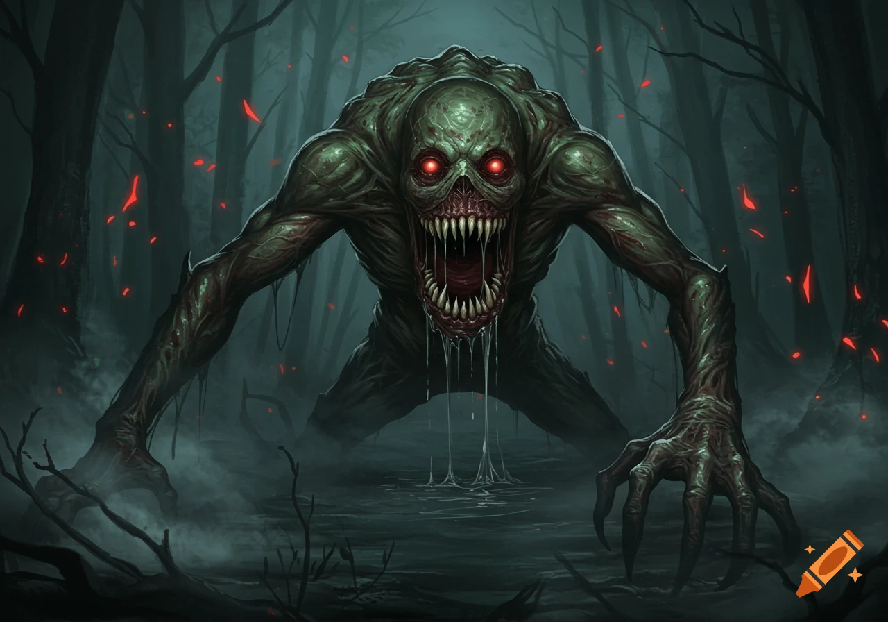 A monstrous slice of toast with sharp teeth and blood, lying on dark ...