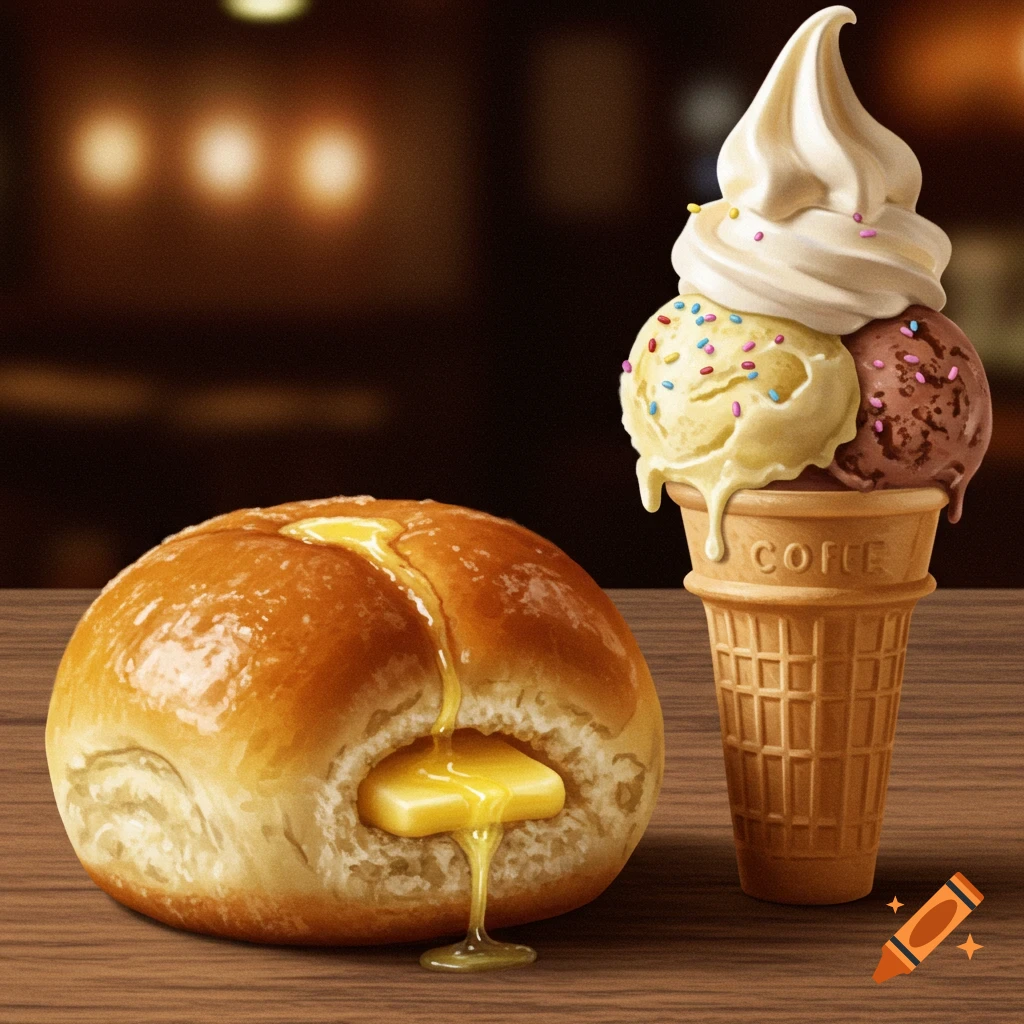 A shiny glazed bun filled with melting butter sits next to a three ...