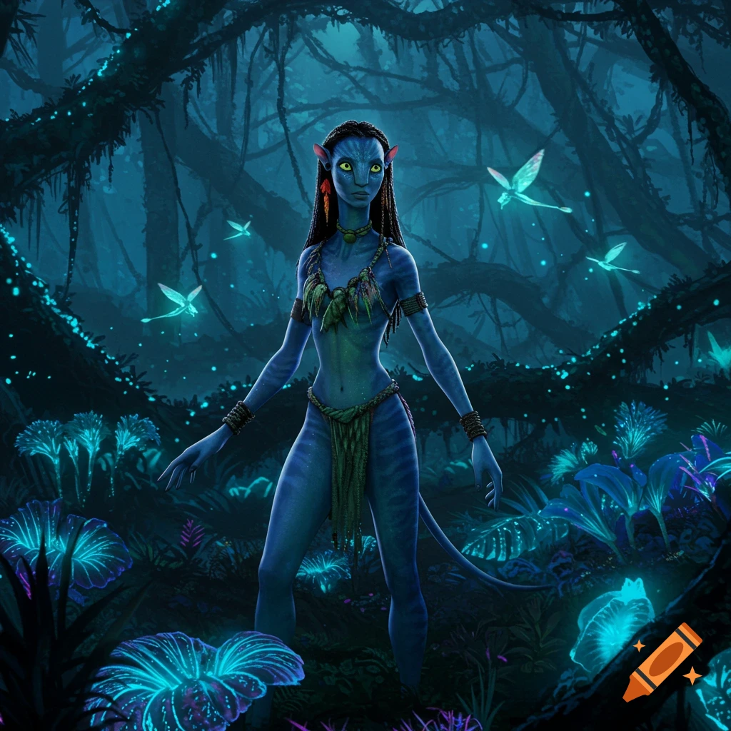 Neytiri, a blue Na'vi woman, stands in a dark, glowing alien forest with bioluminescent plants ...