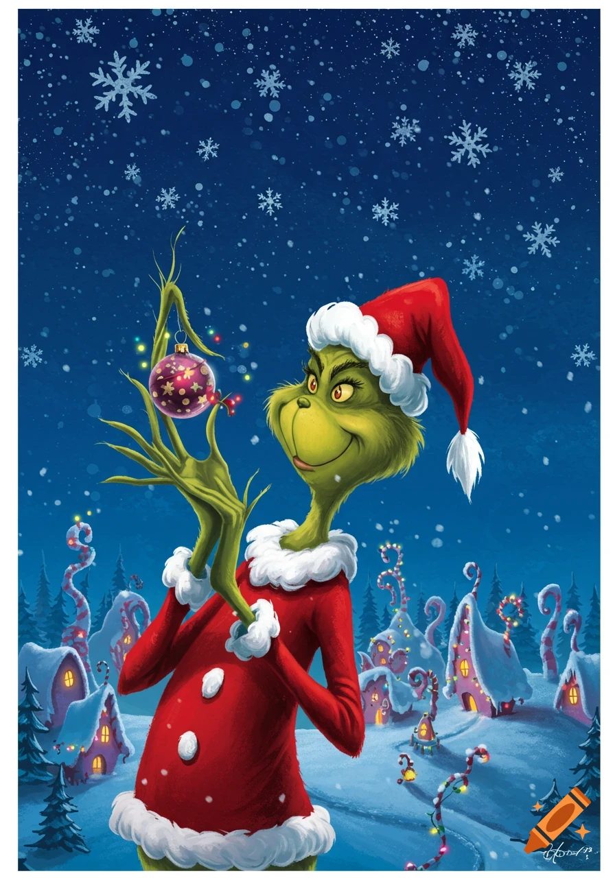 Cartoon Grinch in a Santa hat, carrying a sack of stolen Christmas ...