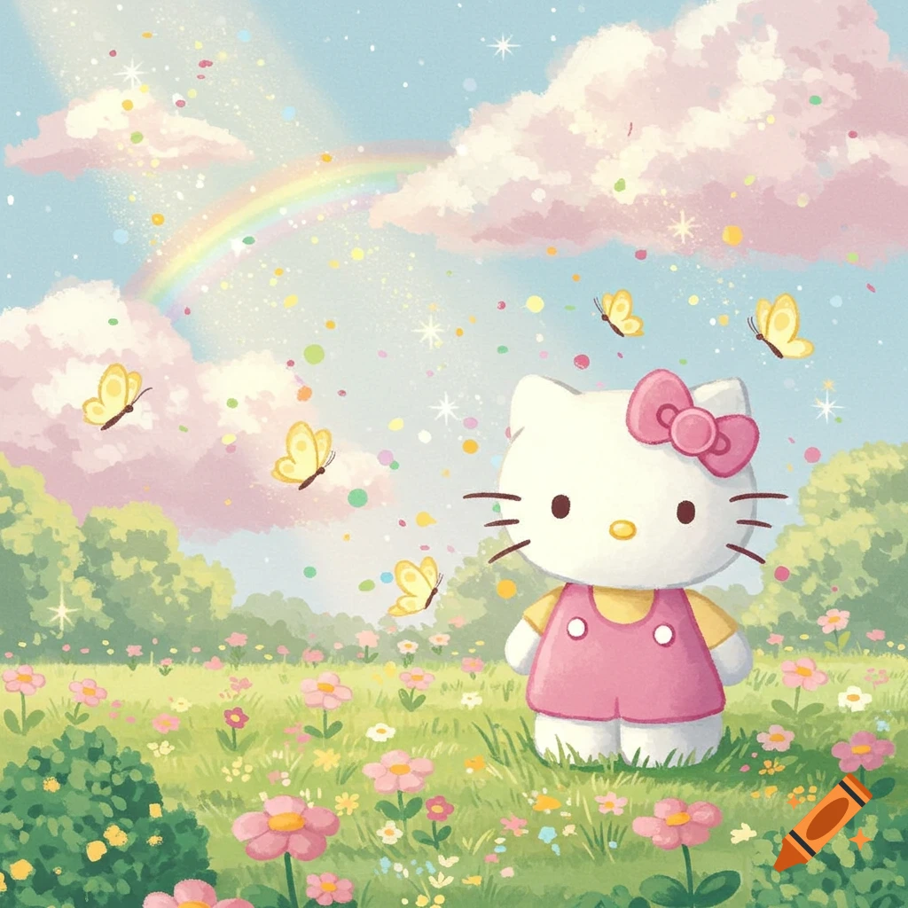 Hello Kitty and several Care Bears play in a vibrant, whimsical field ...
