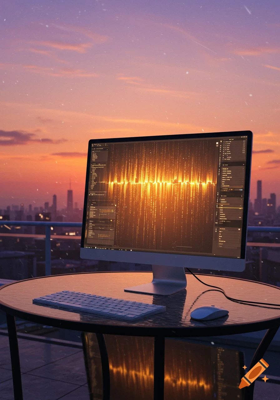 A modern computer setup with a monitor displaying a scenic landscape in ...