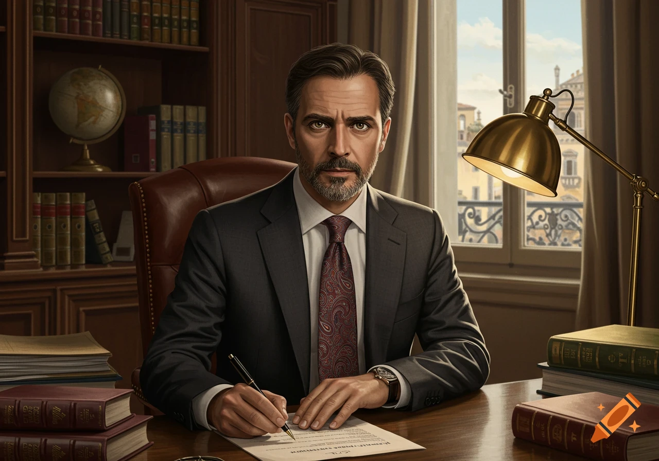 Photorealistic portrait of Donald Trump sitting at a large desk in a ...