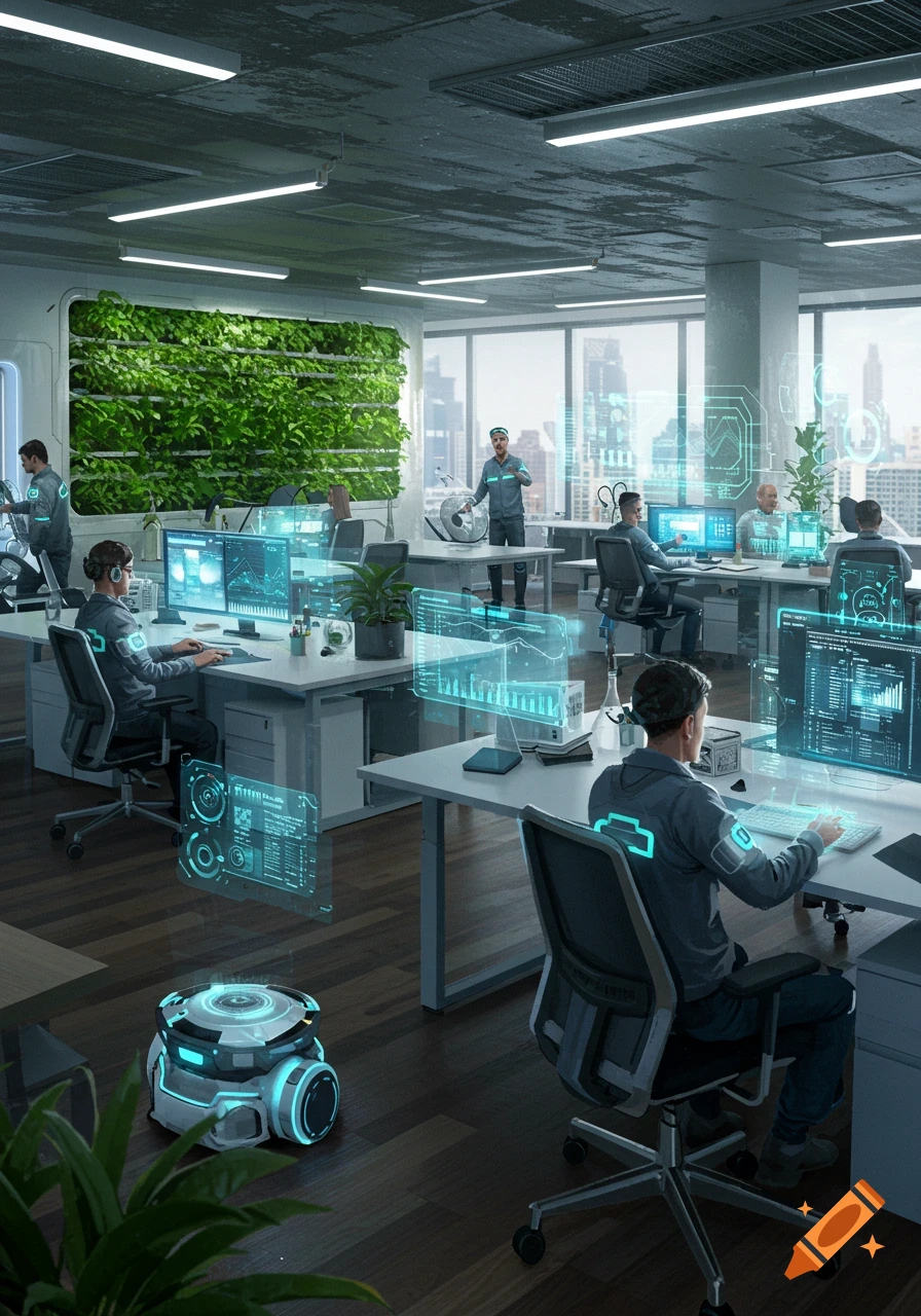 Futuristic AI research lab with robotic arms, drones, glowing servers ...