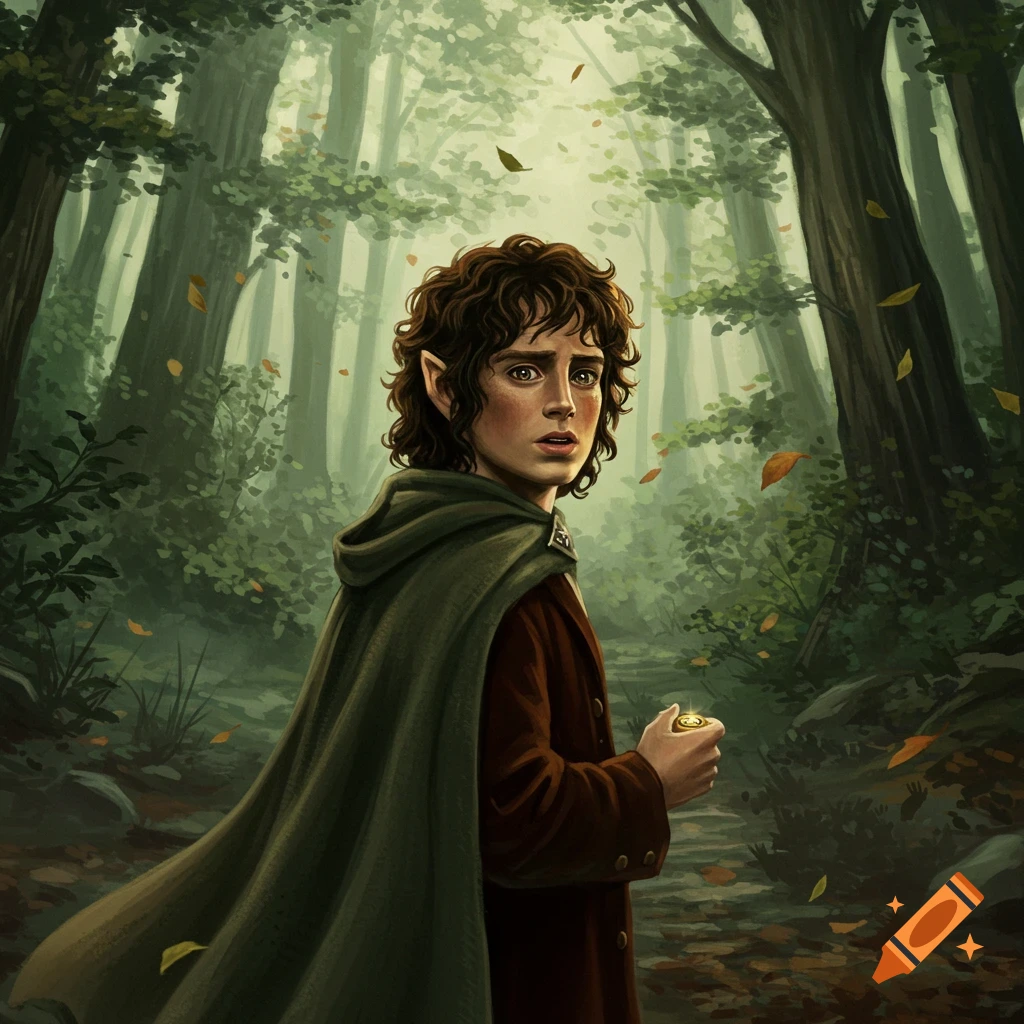 A cheerful, curly-haired hobbit with a backpack stands barefoot in a ...