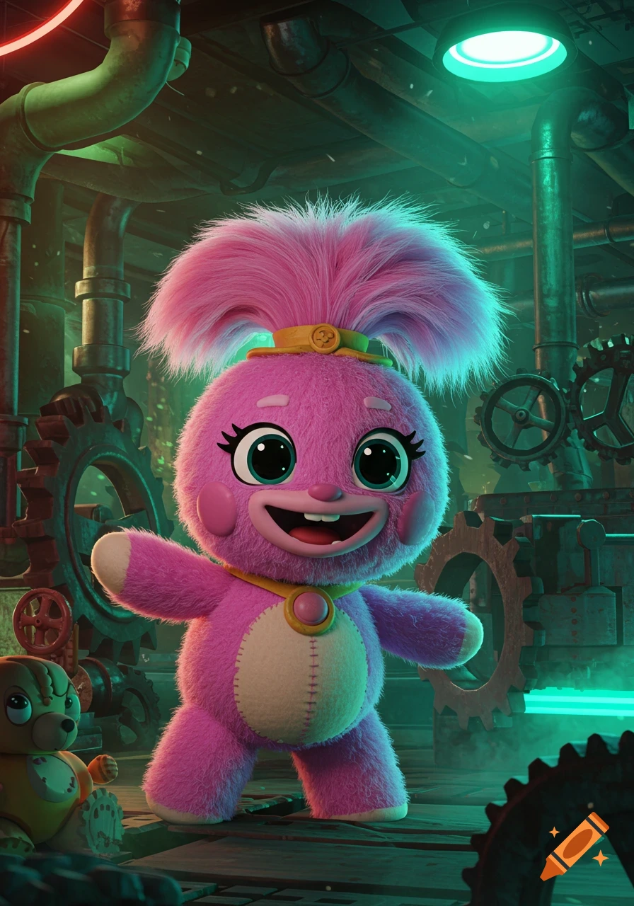 A pink-haired chibi girl and a blue monster-like character in a top hat ...