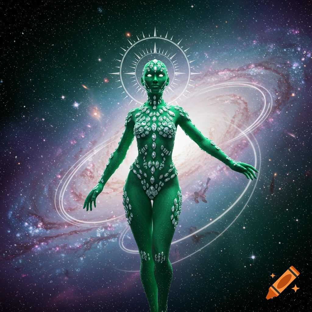 A green, gem-covered humanoid alien with a glowing halo floats in deep ...