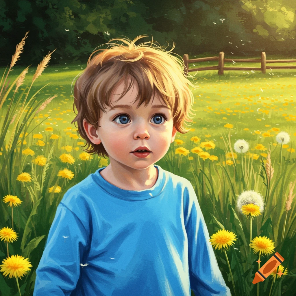 A young boy in a blue jacket stands in a misty forest with melting snow ...