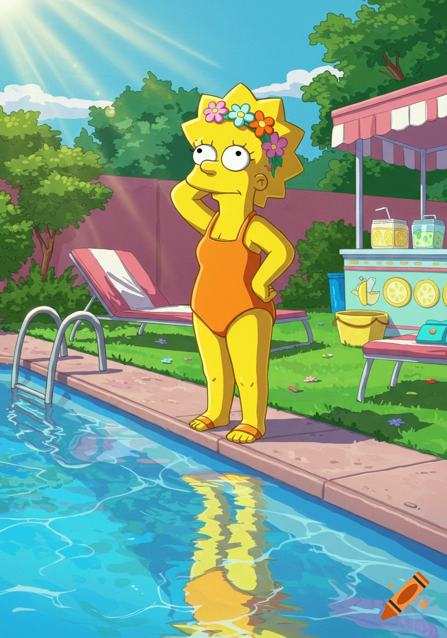 Cartoon Lisa Simpson in a red swimsuit diving into a sunny backyard ...