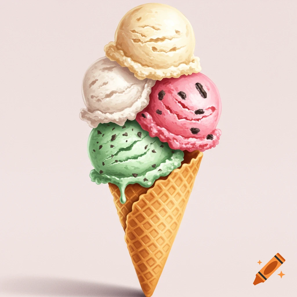 A hand holds an ice cream cone with three scoops of blue, red, and ...